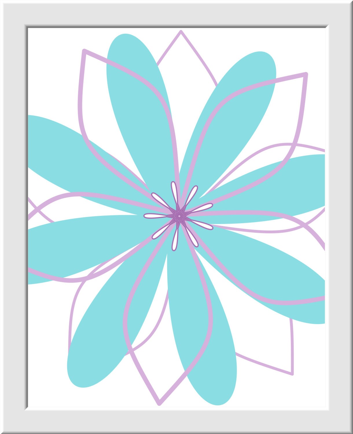 Purple Aqua Lavender Teal Flower Prints Girl Bedroom Art Wall