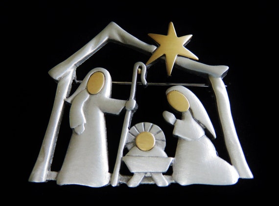 JJ Jonette Two Tone Pewter Nativity Scene Brooch Pin