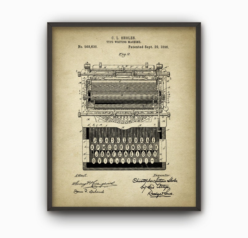 Typewriter Patent Print 1896 Mechanical Typewriter Vintage