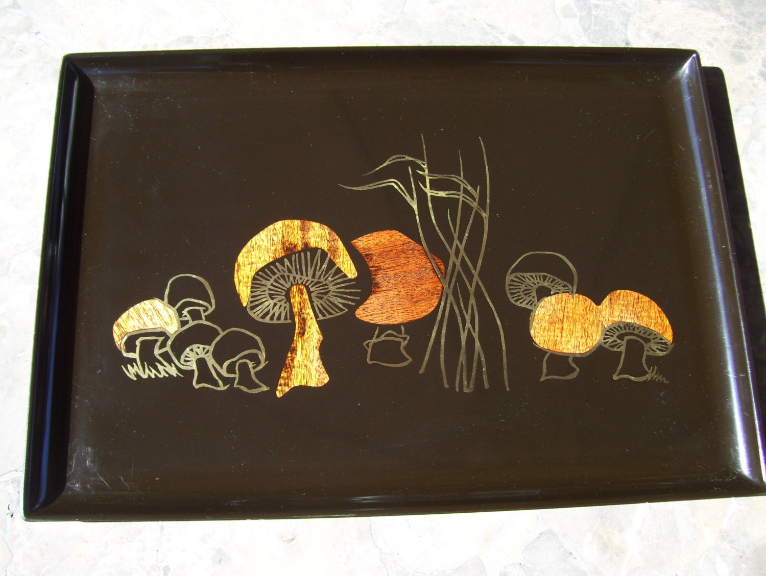 Couroc of Monterey Black Mushroom Large Tray Inlaid Metal California ... Couroc of Monterey Black Mushroom Large Tray Inlaid Metal California ...
