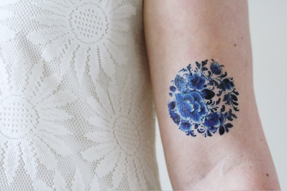 Delft Blue temporary tattoo / floral temporary by Tattoorary