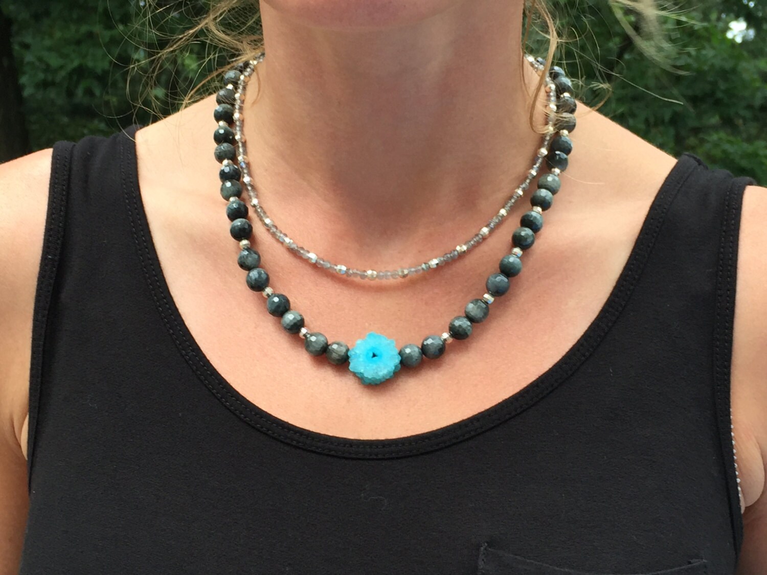 Aqua Solar Quartz Gray Hawks Eye Labradorite by AprilSueDesigns