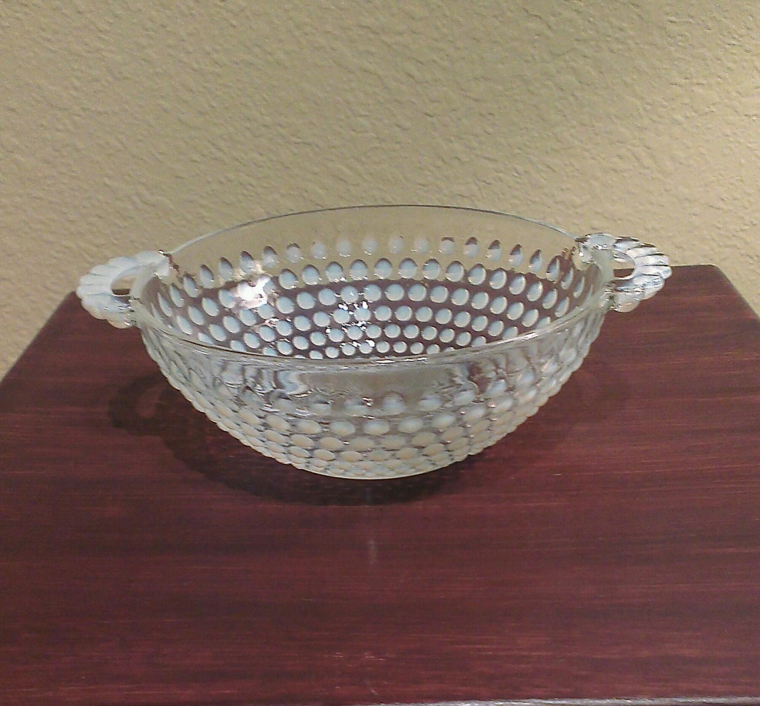 Vintage Opalescent Moonstone – Glass Hobnail Bowl – Dish With Handles ...