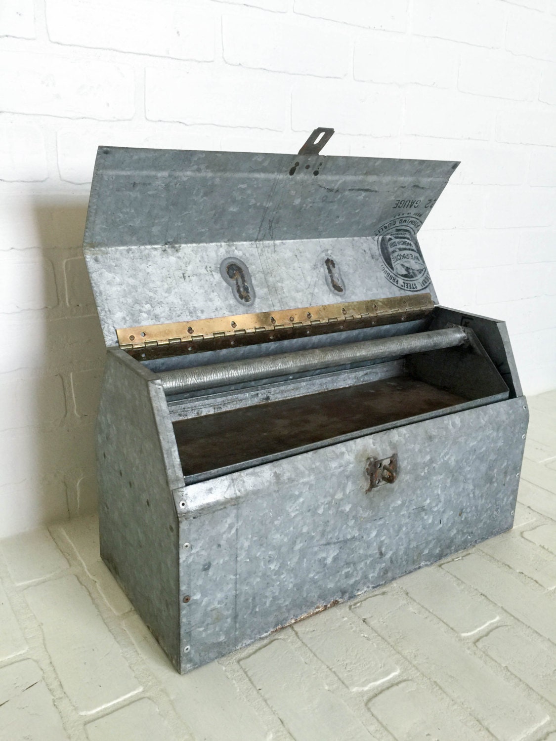 Vintage Galvanized Tool Box Lockable with Handle Removable
