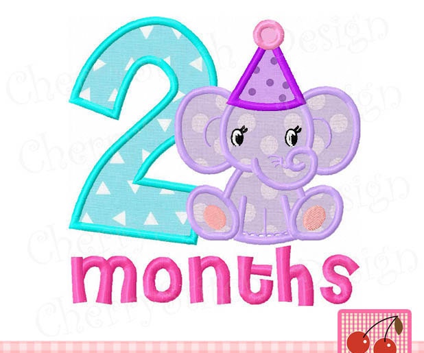 Elephant 2 months Baby Birthday Machine Embroidery Applique Design-4x4 ...
