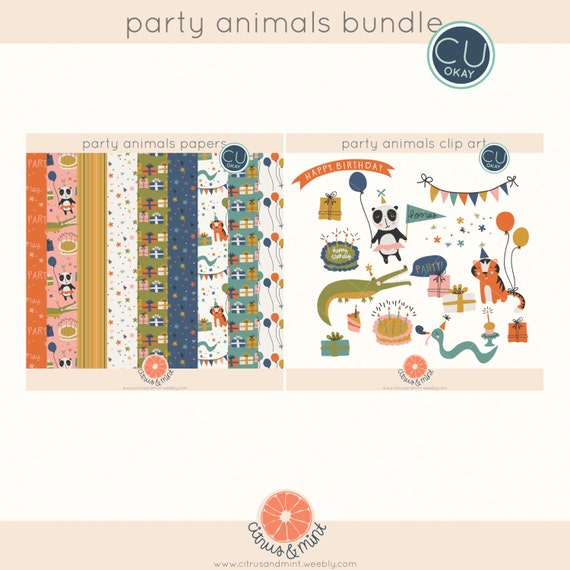 Items similar to Birthday Party Animals Clip Art and Patterns- Hand ...