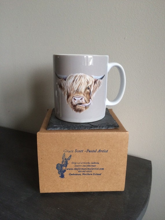 Scottish Highland Cow Ceramic Art Mug by GraceScottPastelArt