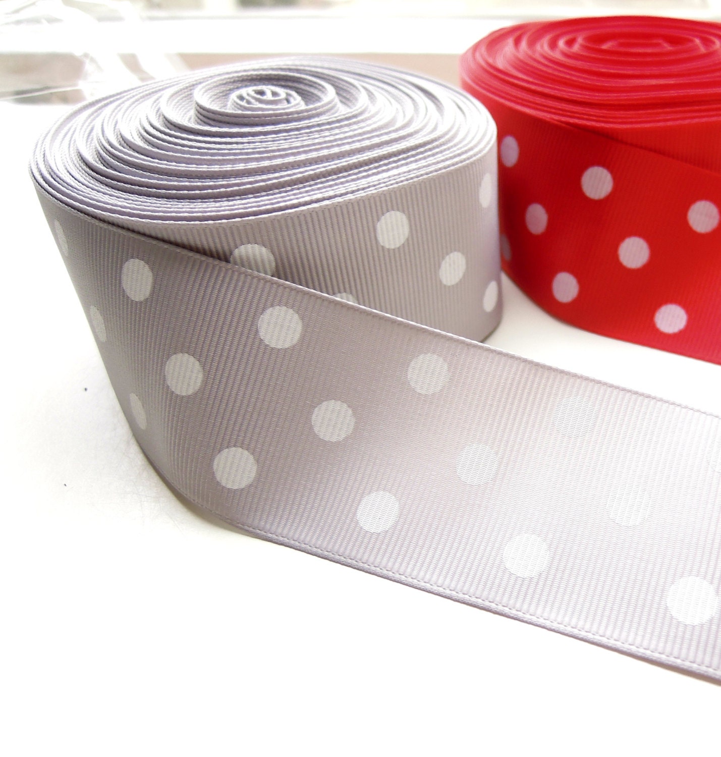 2 Yds Grey Polka Dot Ribbon 38mm Wide Grey Grosgrain Ribbon