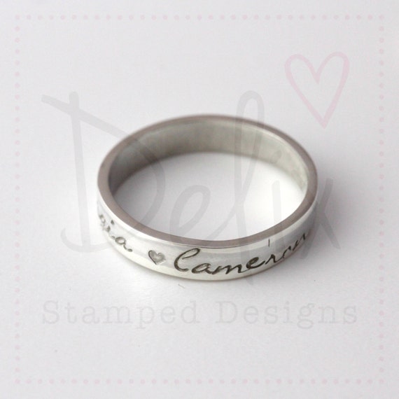Hand stamped sterling silver band ring personalised ring