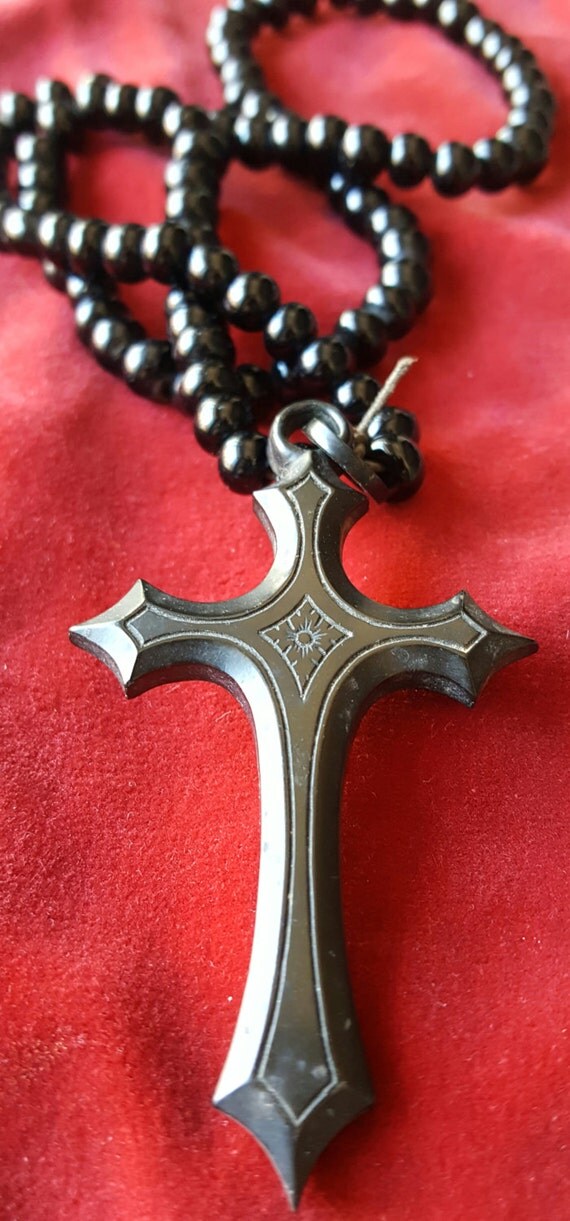 Vintage French Mourning Necklace Victorian Bakelite Cross