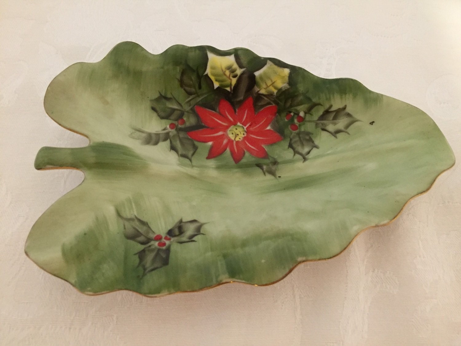 Vintage Lefton Hand painted leaf shaped dish. Beautiful poinsettia ...