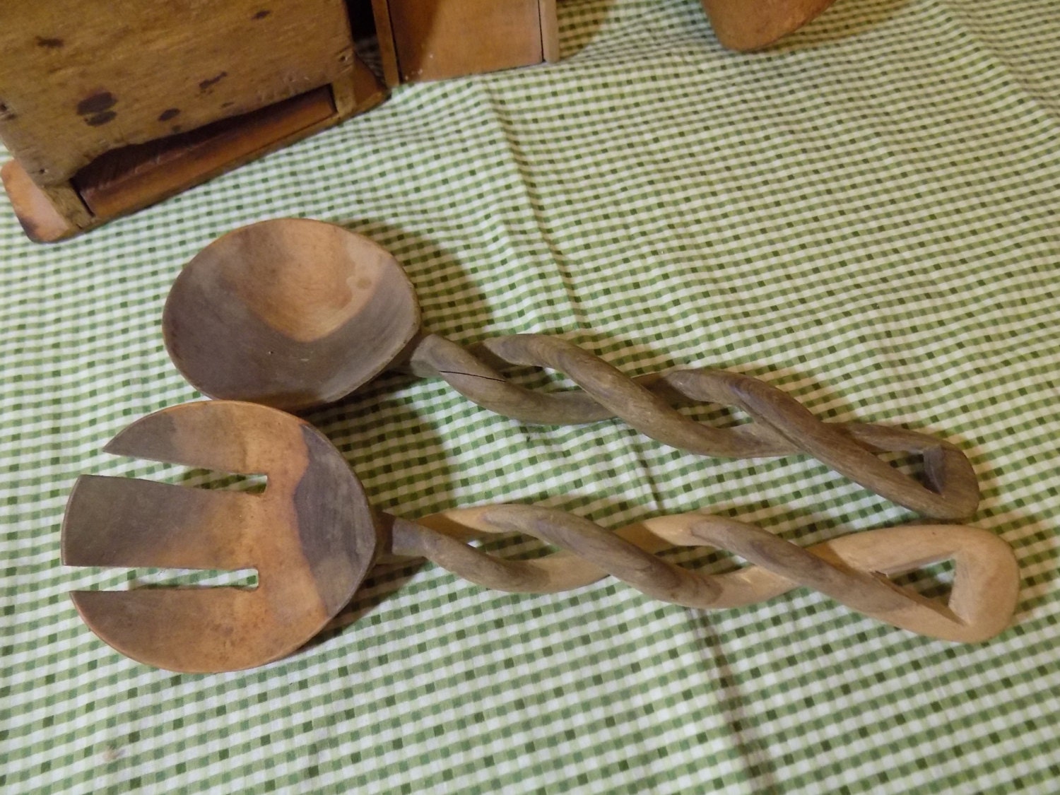 Antique Primitive Wooden Spoon Salad Serving Set Hand Carved French ...