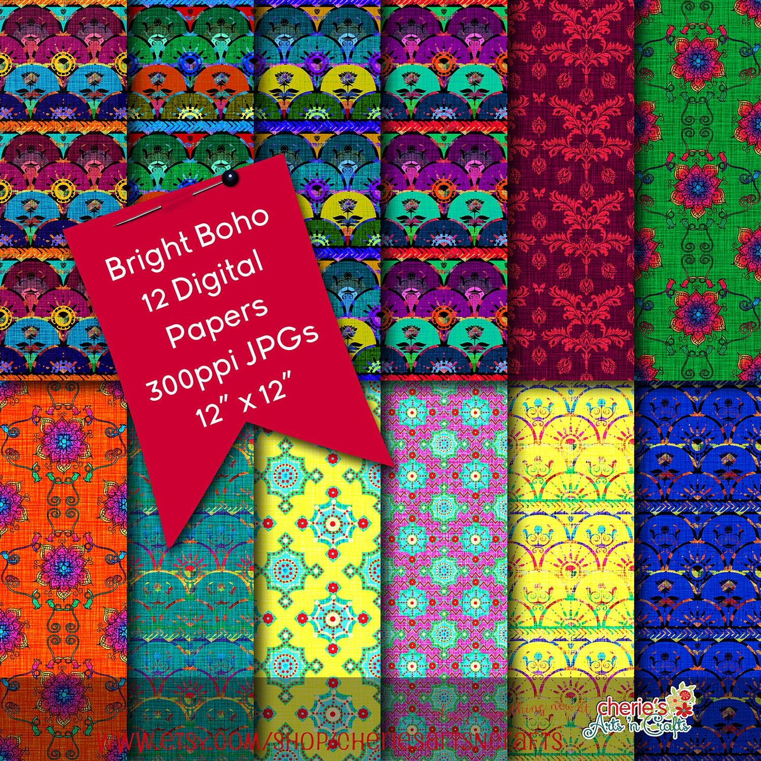 Boho Digital Papers Bright Boho Digital Scrapbook