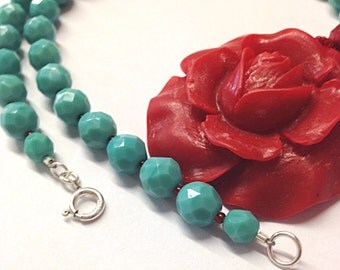 Red Rose Necklace Red Flower Pendant Resin Floral Jewellery