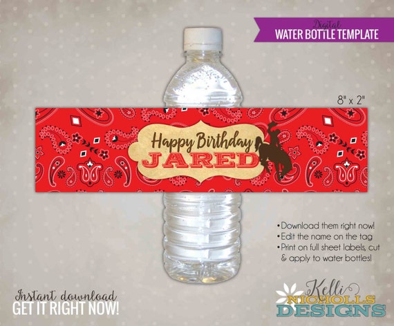 Red Western Water Bottle Label Template Cowboy Party