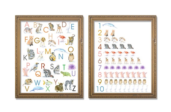 Animal Alphabet and Numbers Poster Set Watercolor Animals 11