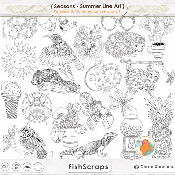 Summer Line Art Bundle Season's PNG Illustrations by FishScraps