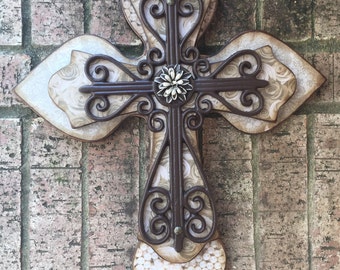 Items similar to Copper, steel, and bronze Wall CROSS with 5 Roses ...