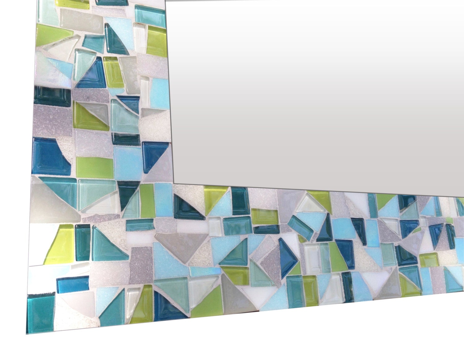 Rectangular Mosaic Wall Mirror in Teal Lime Green and Gray