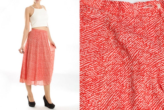 Vintage Red Summer Midi Skirt / Light Red and White Striped