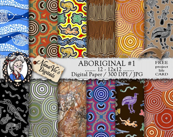 Aboriginal Digital Paper Kangaroo Snake Turtle Fish Emu