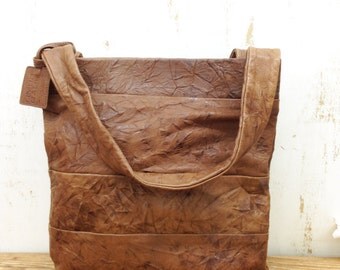 Leather shoulder bag tote Flat handbag Dark brown leather bag