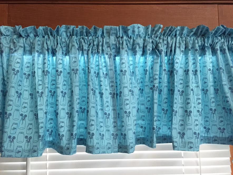 Mini Blue Mason Jars with Flowers Window Valance 42 Inches