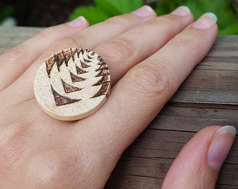 Wood sterling silver ring Wooden spalted slice inlay statement