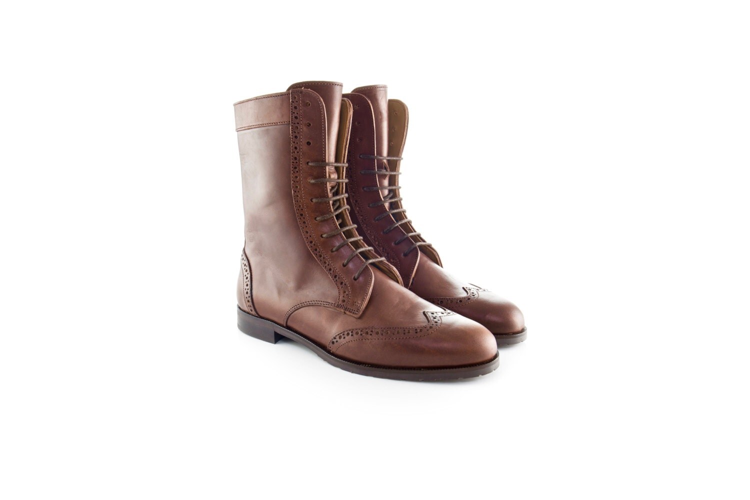 Women Handmade Combat Ankle Boots in Caramel Brown Leather