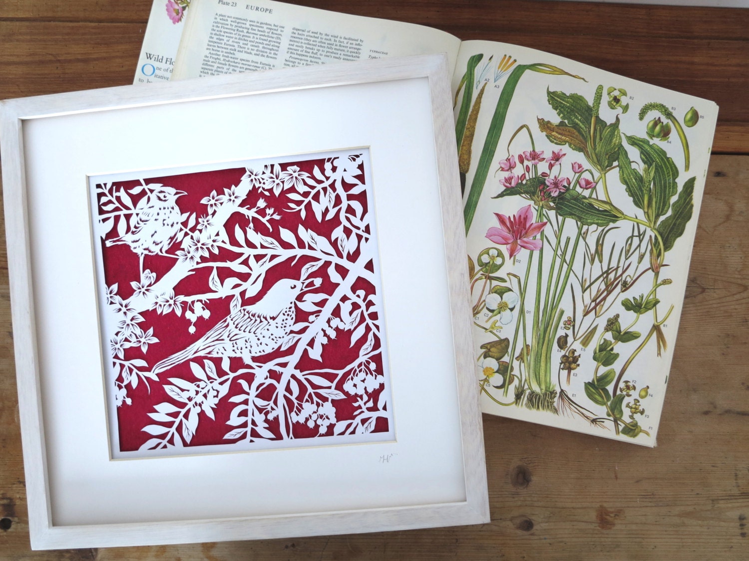 Ready to ship Framed paper cut Birds in Branches Handcut