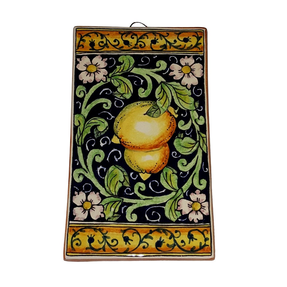 Italian Ceramic Art Tile Pantiles Pottery Lemons Blu Handmade