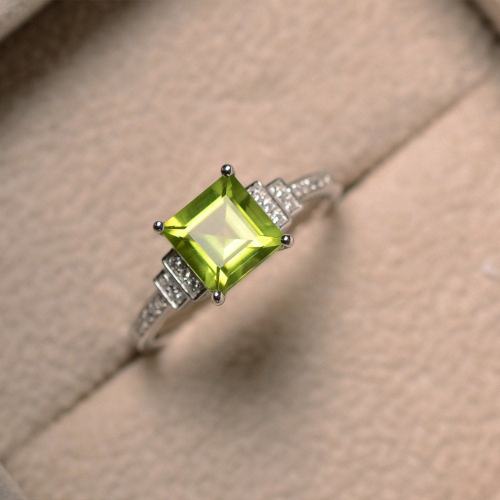 Natural peridot ring square cut engagement promise ring