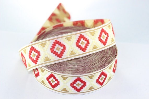 16 mm Red&White Geometric Diamond Jacquard trim 0.62 inches