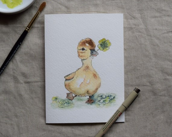 Duckling with Lucky Clover Watercolor Painted Card'One in