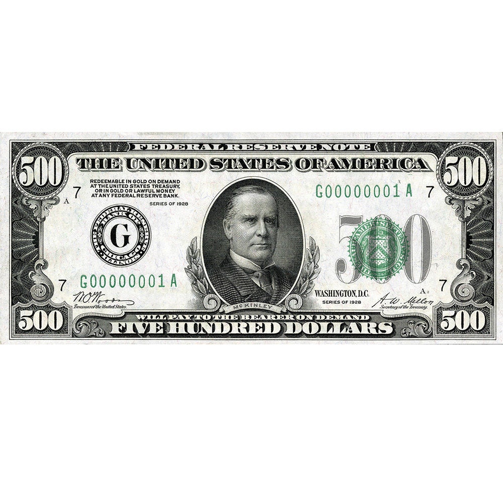 Replica First 500 Dollar Note 1928 Green Back Bank