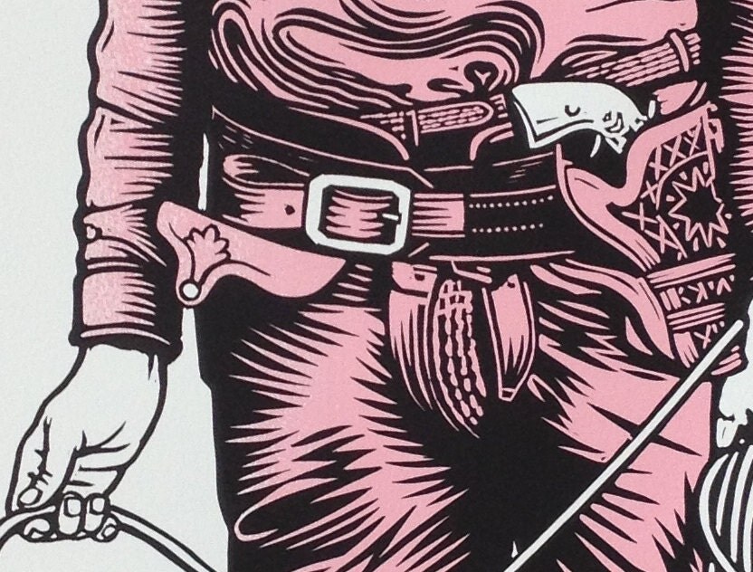 Pink Cowboy linocut original print