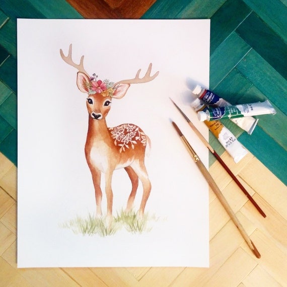 Deer Illustration Woodland Nursery Art Flower Crown Deer