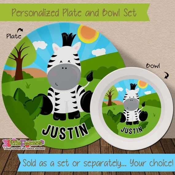 Baby Zebra Plate and Bowl Set Personalized by 3littleflowers