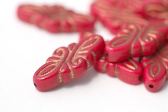Deep Raspberry Pink Gold Etched Flat Oval Acrylic Beads 30mm