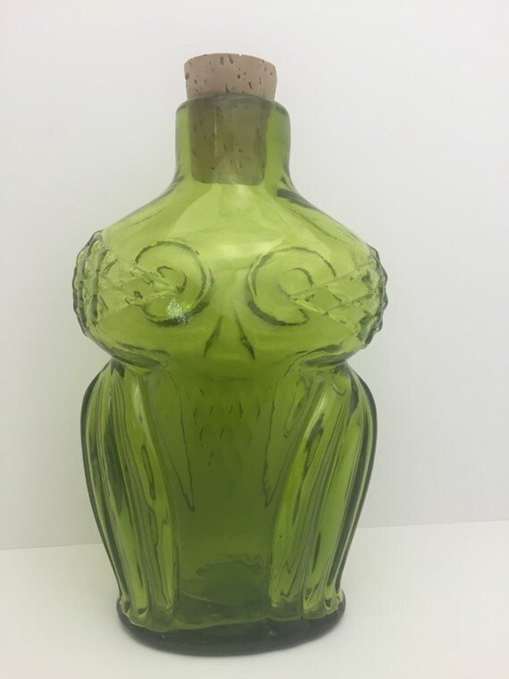 Vintage Green Glass Owl Bottle