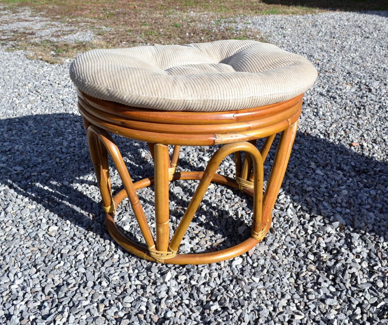 Vintage Rattan Bamboo Footstool Round Ottoman Natural Tone