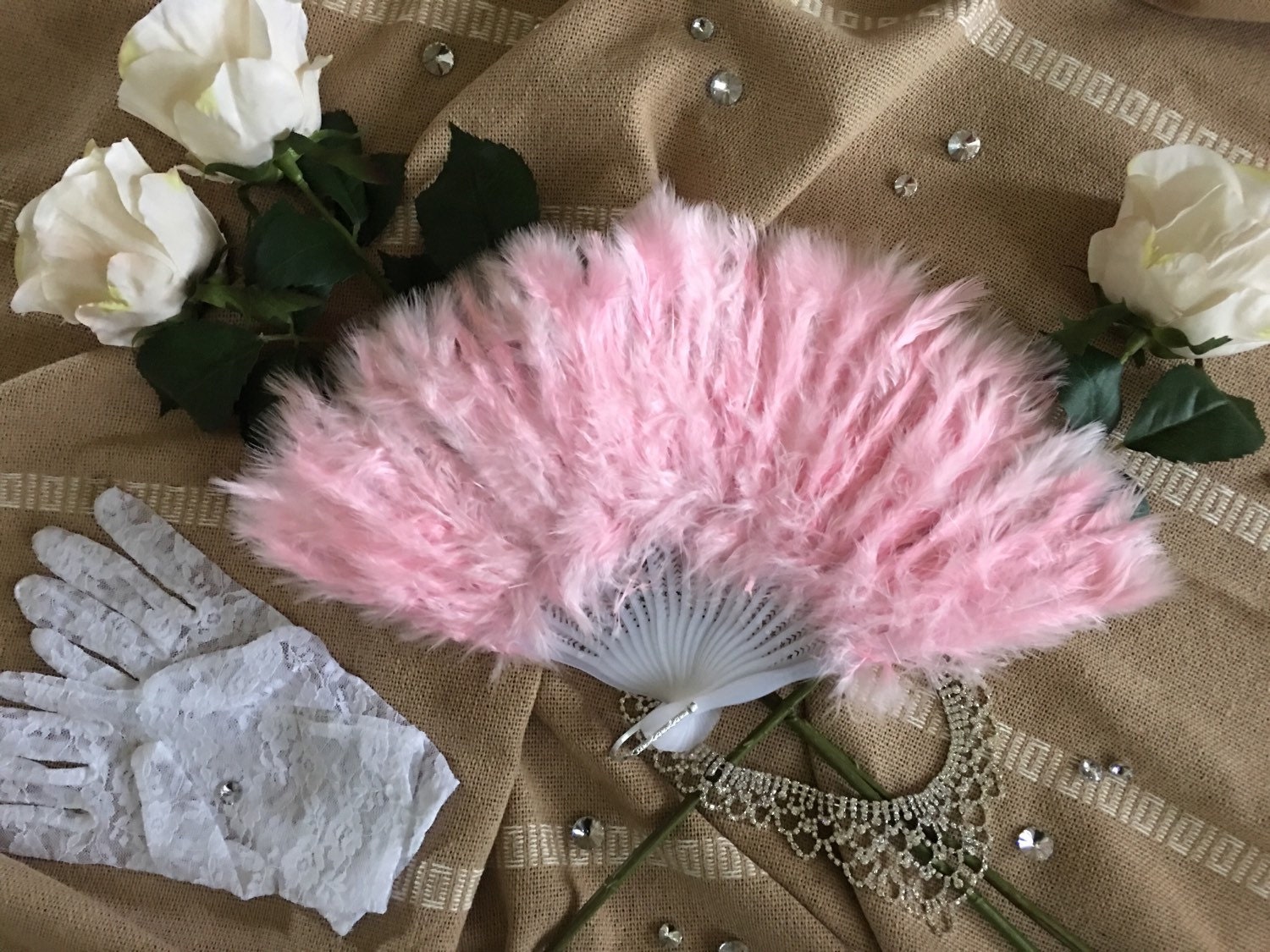 Pink Feather Hand Held Fan Wedding Fan Spanish Costume
