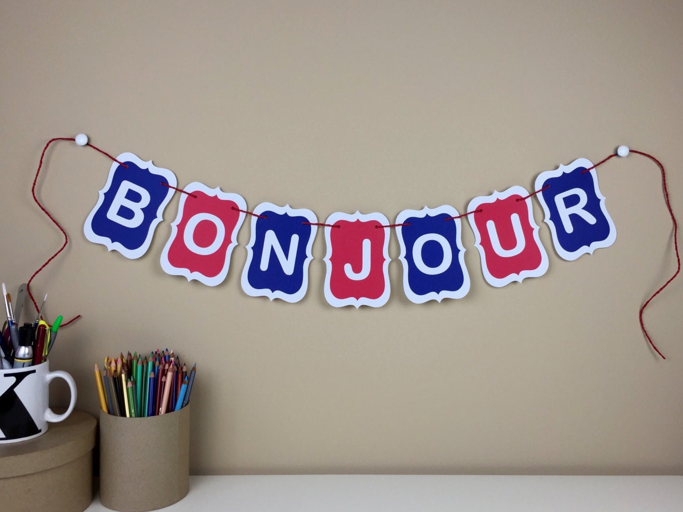 French Teacher Classroom Banner Bonjour Sign Gift For