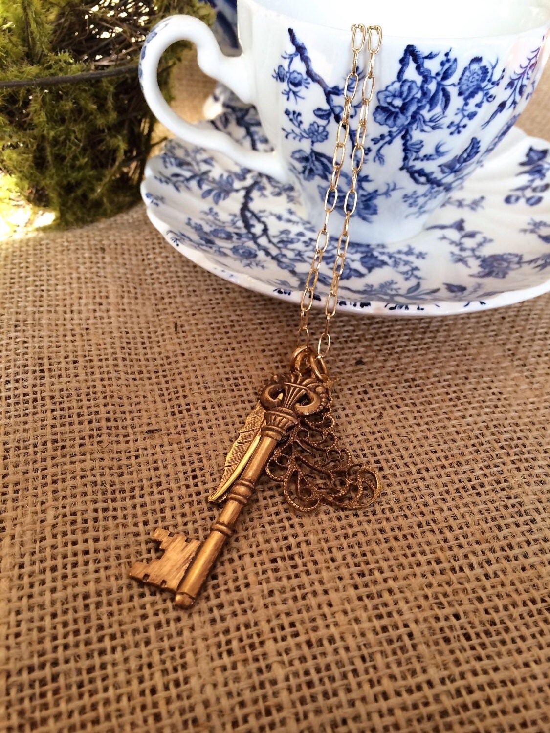 Gold and Brass Skeleton Key Necklace Feather by RareJewelByKathy