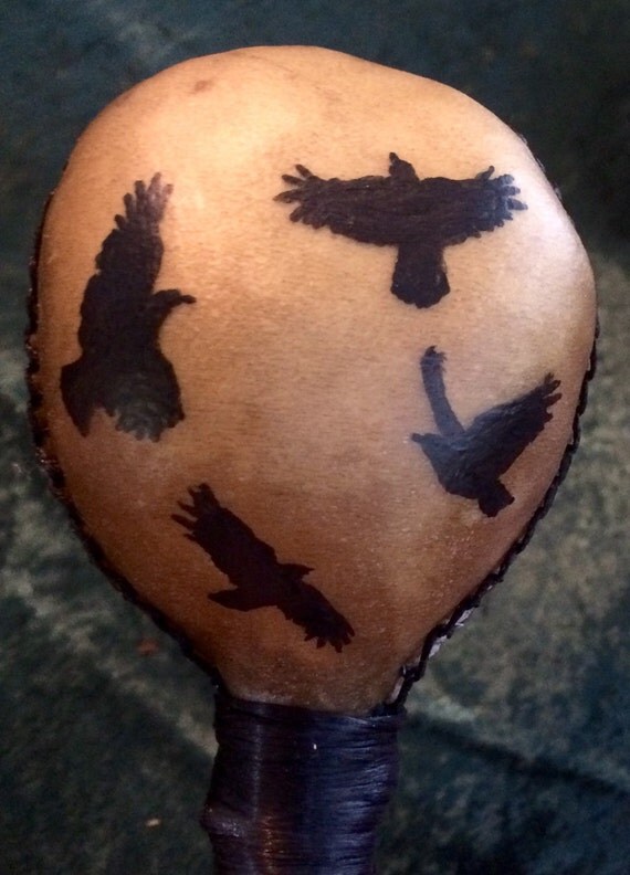 Crow Animal Totem Large Round Rawhide Rattle by GaiasWorkshopDrums