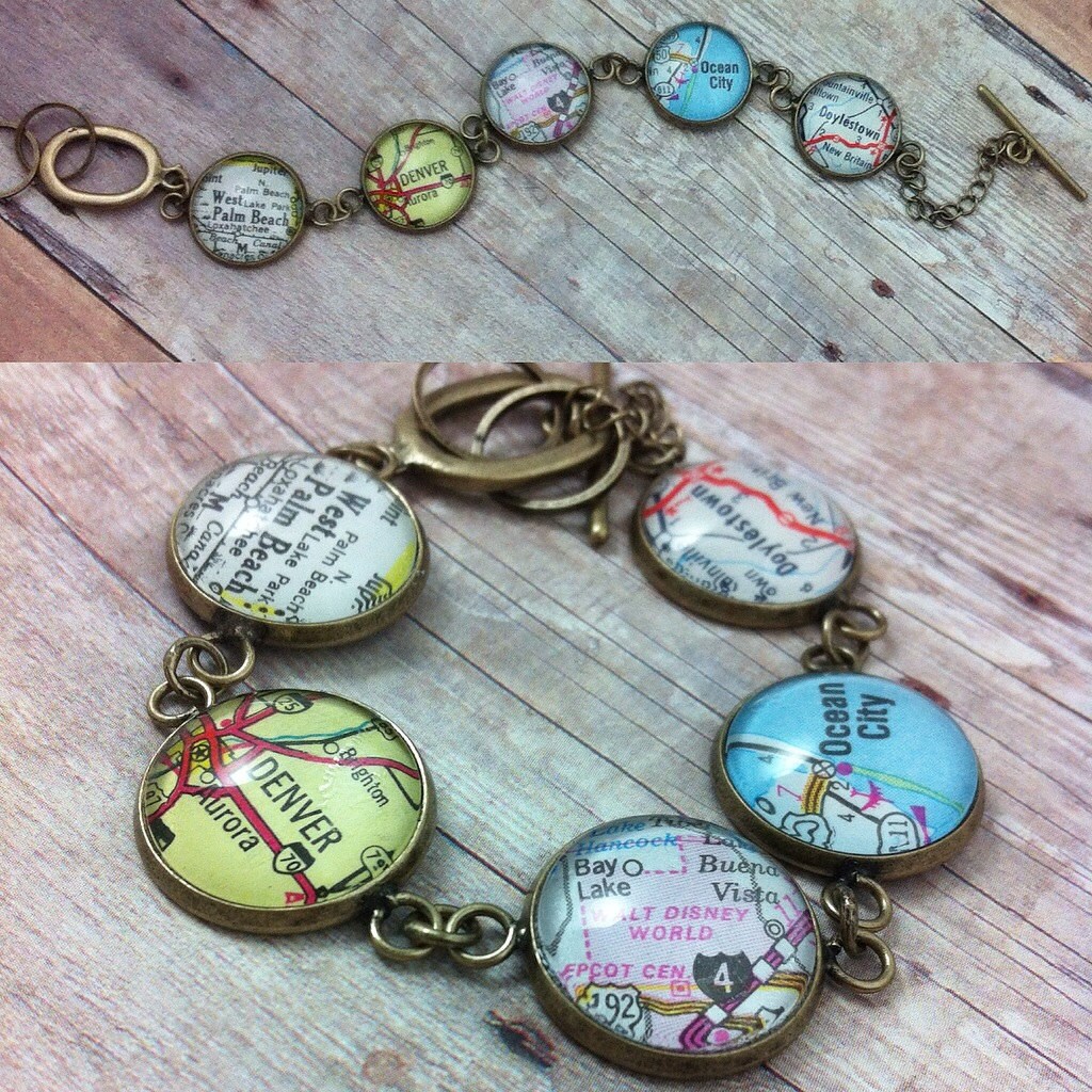CUSTOM Map Bracelet: Personalized with 5 Vintage Map Locations