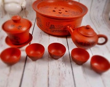 Japanese Tea Set,Red Clay,Terra Cotta,vintage,hand painted,10 piece set ...