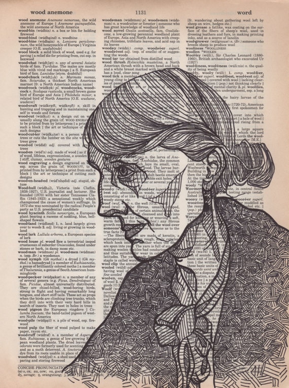 Virginia Woolf portrait drawn on an aged dictionary page