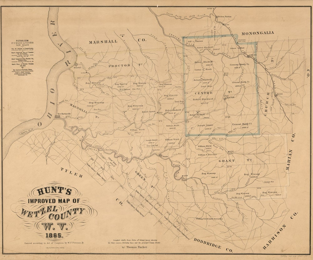 1865 Farm Line Map of Wetzel County WV Showing Oil Wells