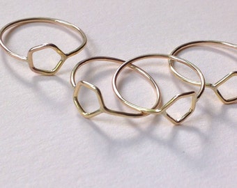 Gold Hexagon Ring Set of 3 Hammered Honeycomb Ring